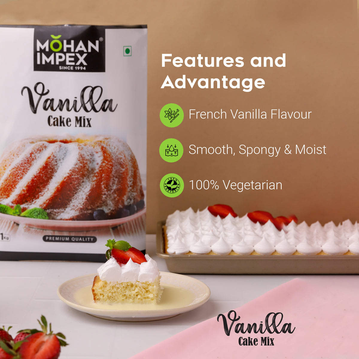 Mohan Impex Eggless, Pure, Vanilla Cake Mix Powder 1 Kg